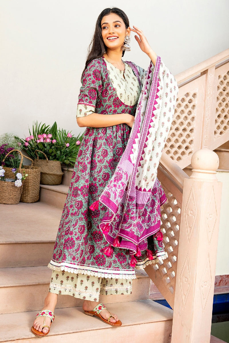 Paharshit Green Flared Kurta Pant Set - EverBloom India