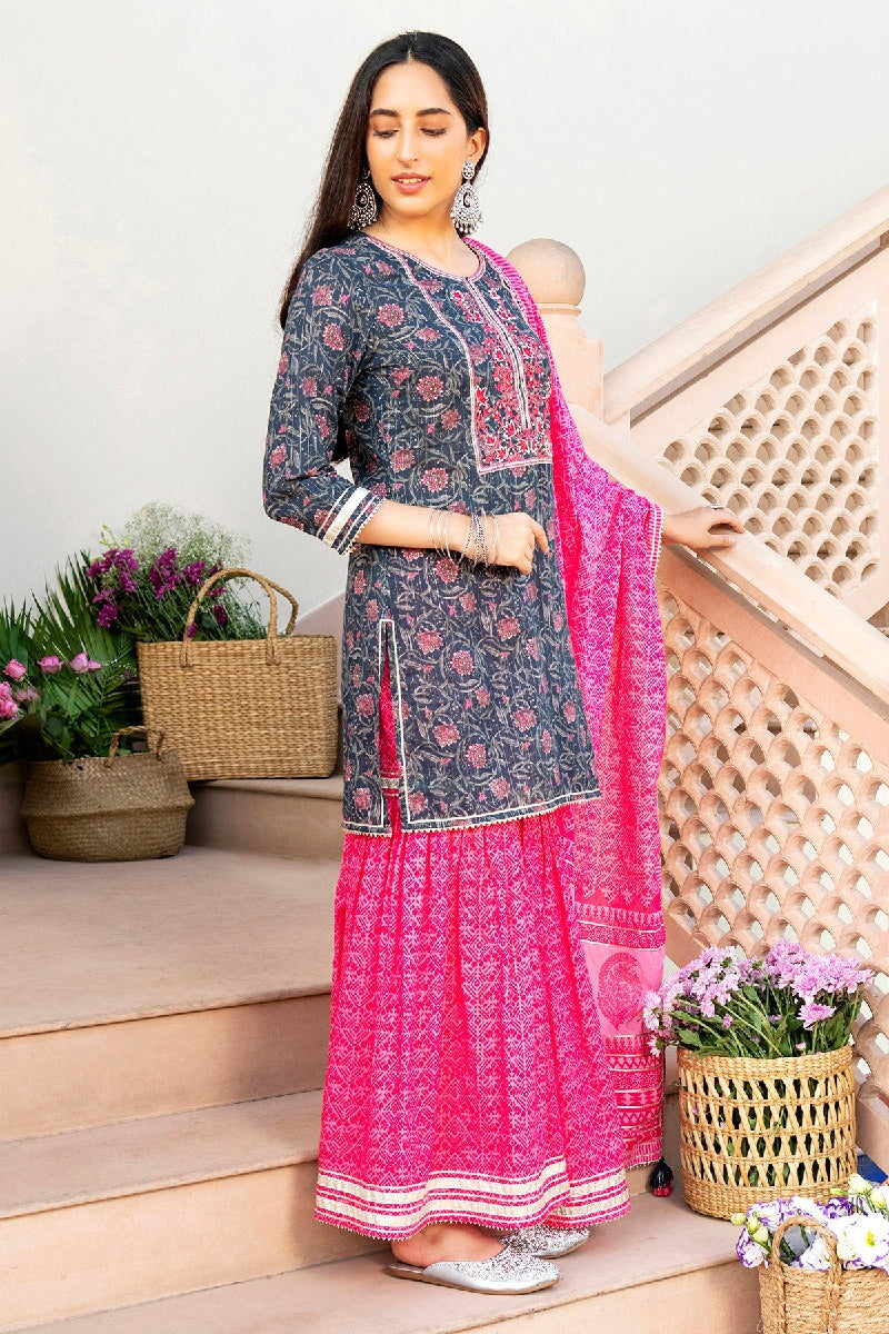 Samrina Embroidered Straight Kurta Sharara Set - EverBloom India