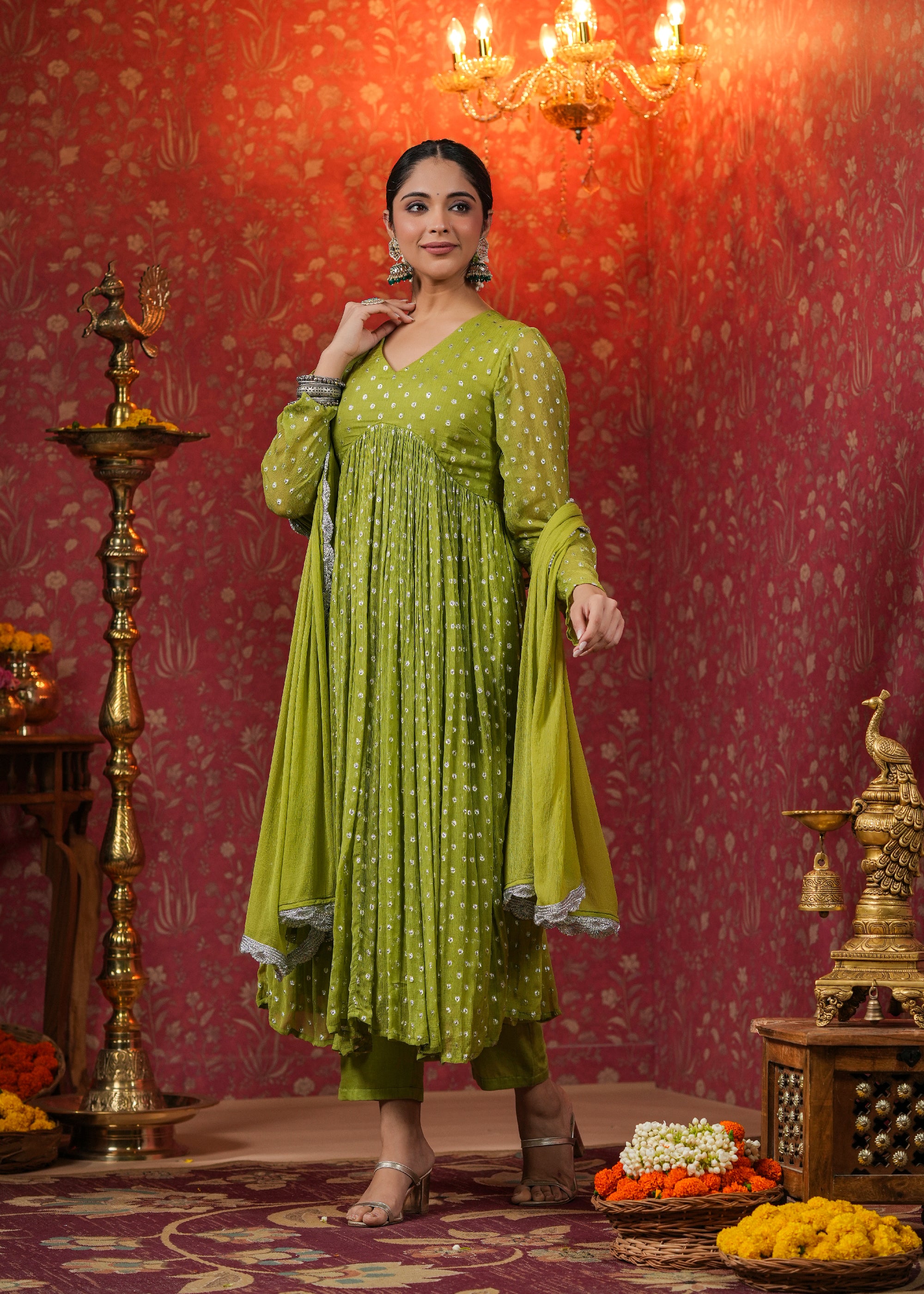 Hina Green Lurex Flared Kurta With Pant & Dupatta – EverBloom