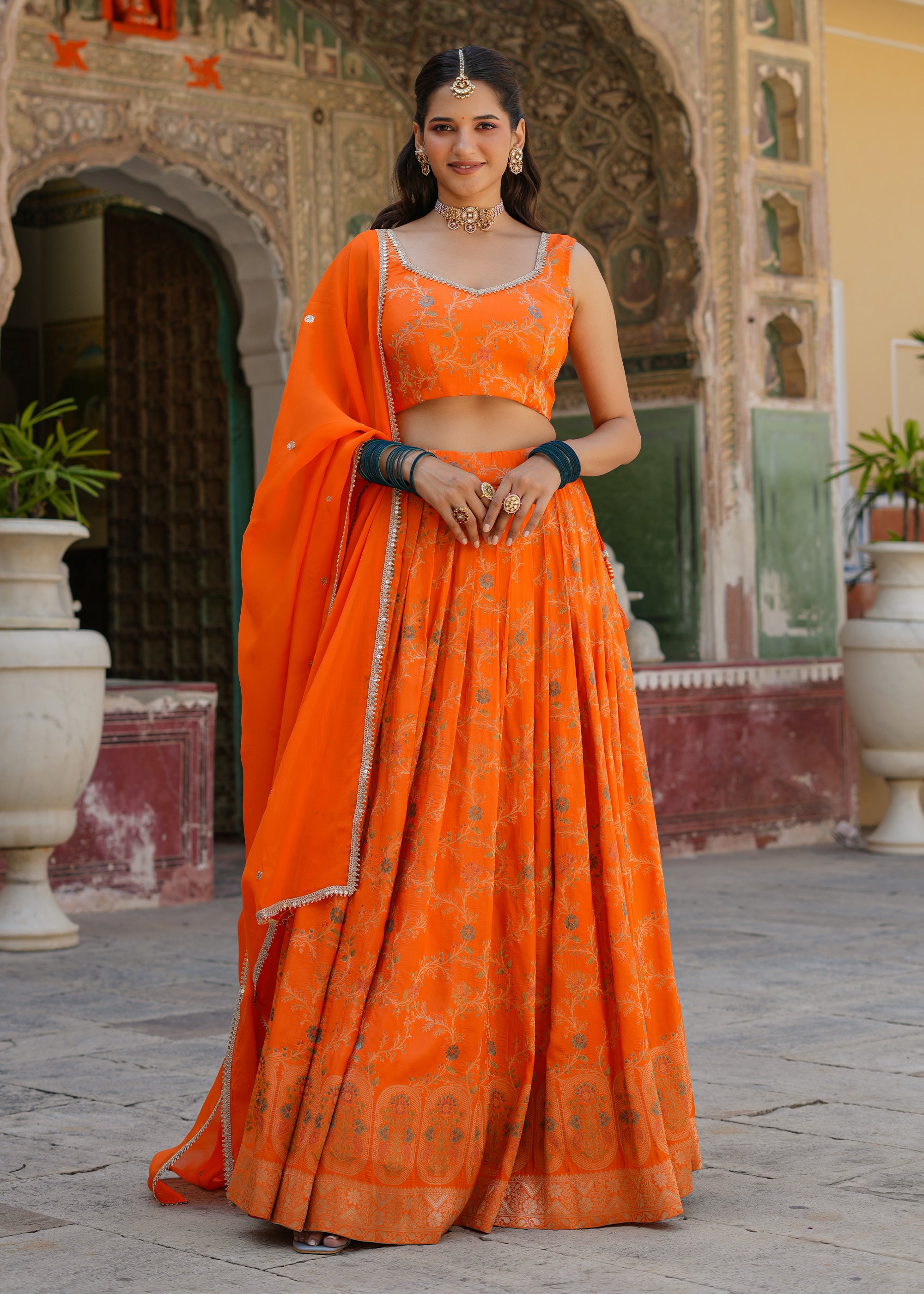 Kesar Orange Silk Jacquard Printed Lehenga set – EverBloom