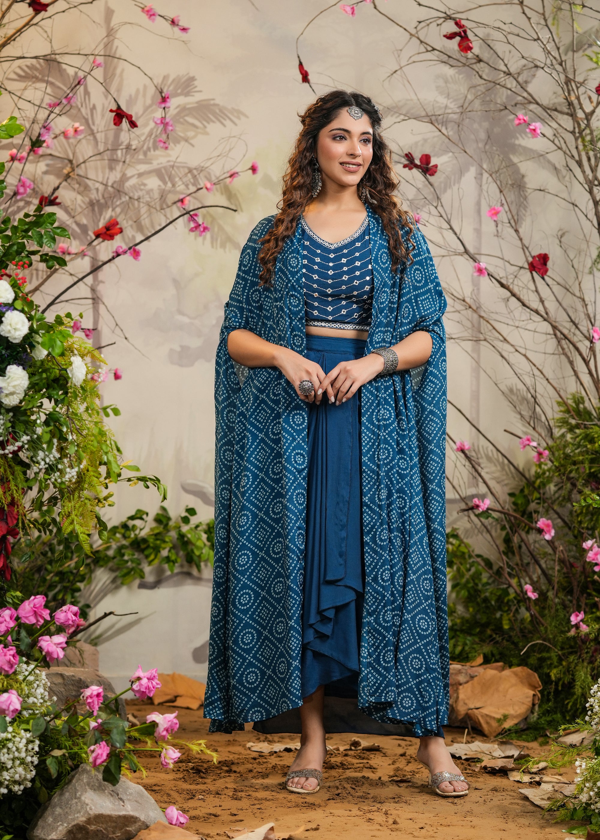 Geet Teal Bandhej Draped Skirt Cape Set – EverBloom