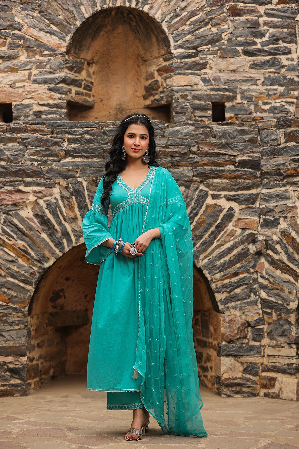Rooh Green Alia Suit Gota Lace Kurta - EverBloom India