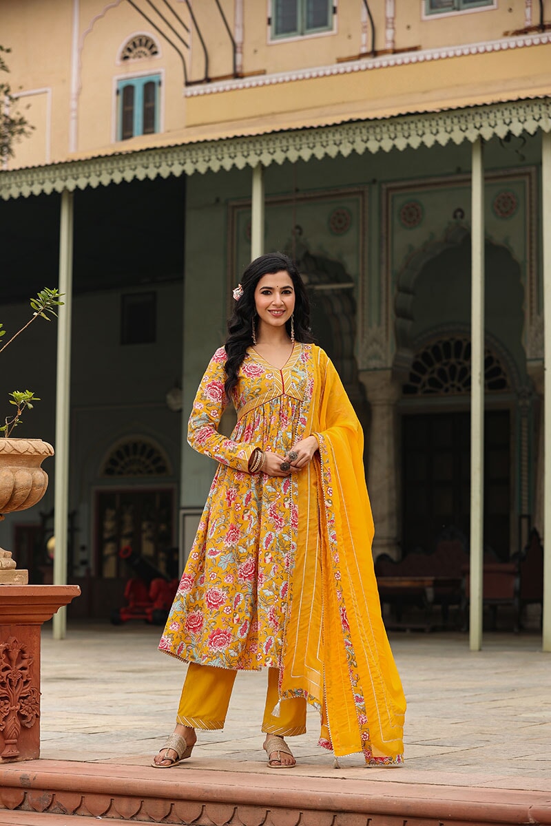 Hazara Yellow Floral Printed Kurta Set - EverBloom India