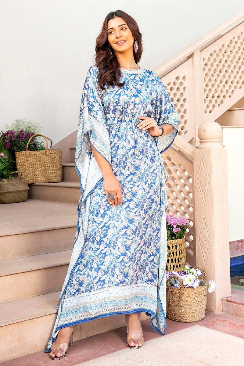 Kainaat Printed Blue Layered Kaftan Suit Set - EverBloom India